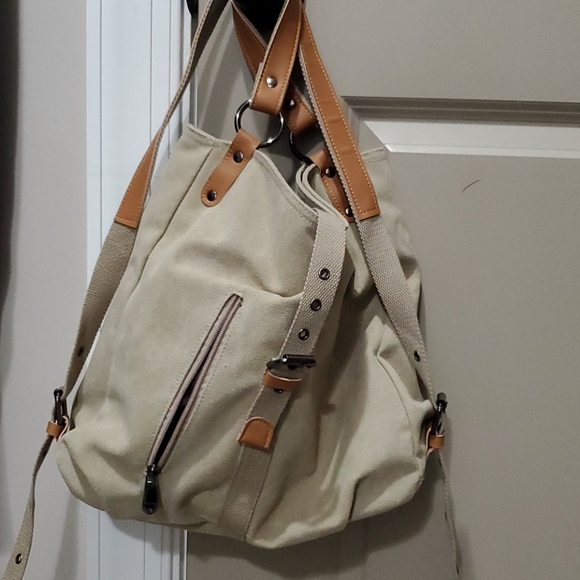 Bags | Tan Burlap Backpack Bag | Poshmark